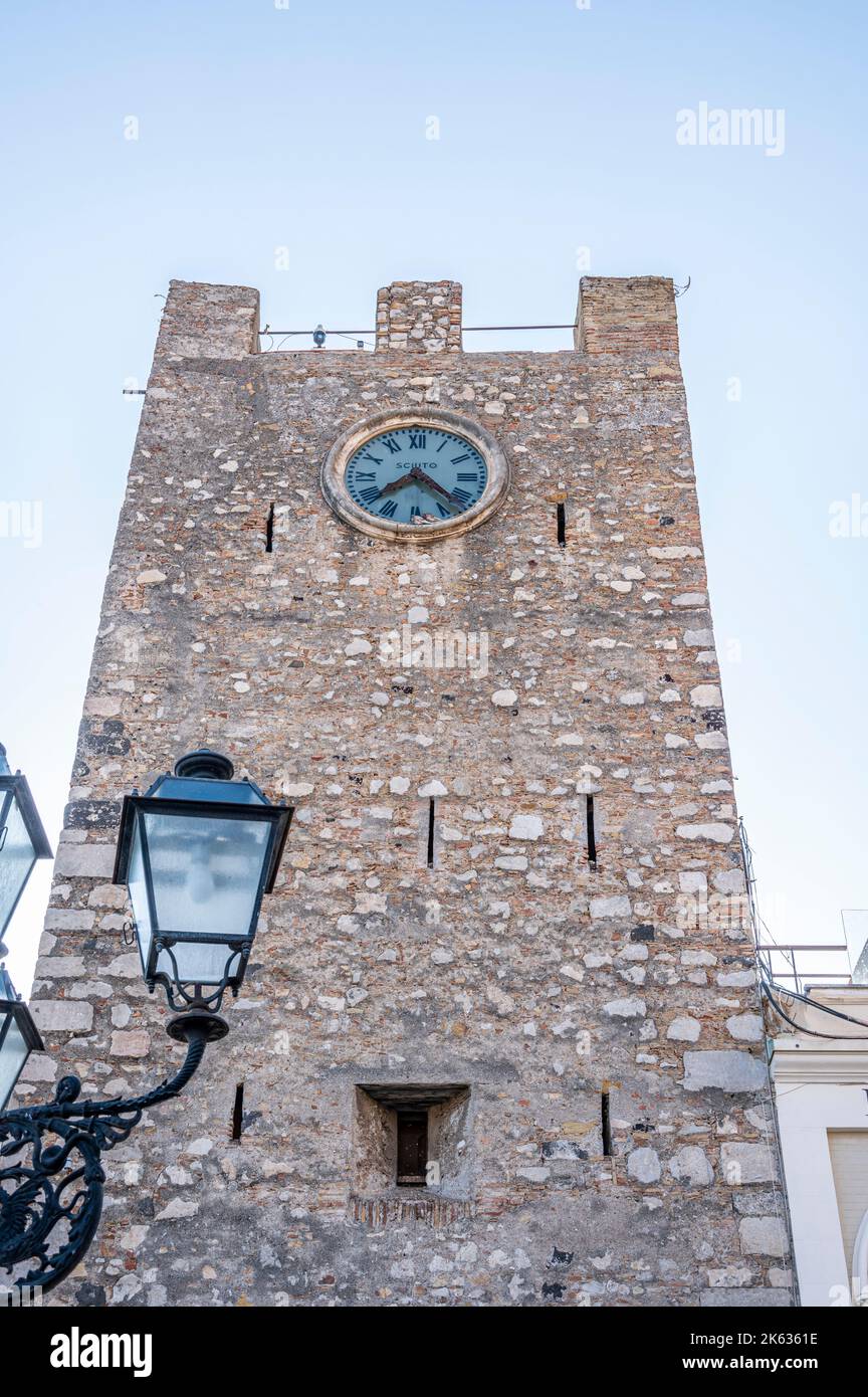 beautiful ancient clock tower in Taormina Stock Photo - Alamy