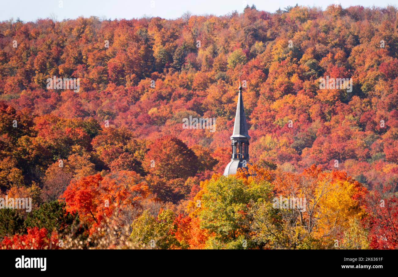 A church spire breaks the continuous color of the Fall foliage Tuesday ...