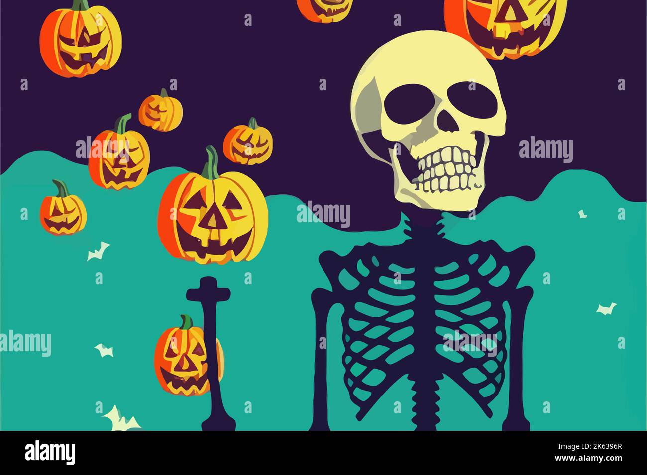 A colorful Halloween background with a skeleton and pumpkins Stock ...