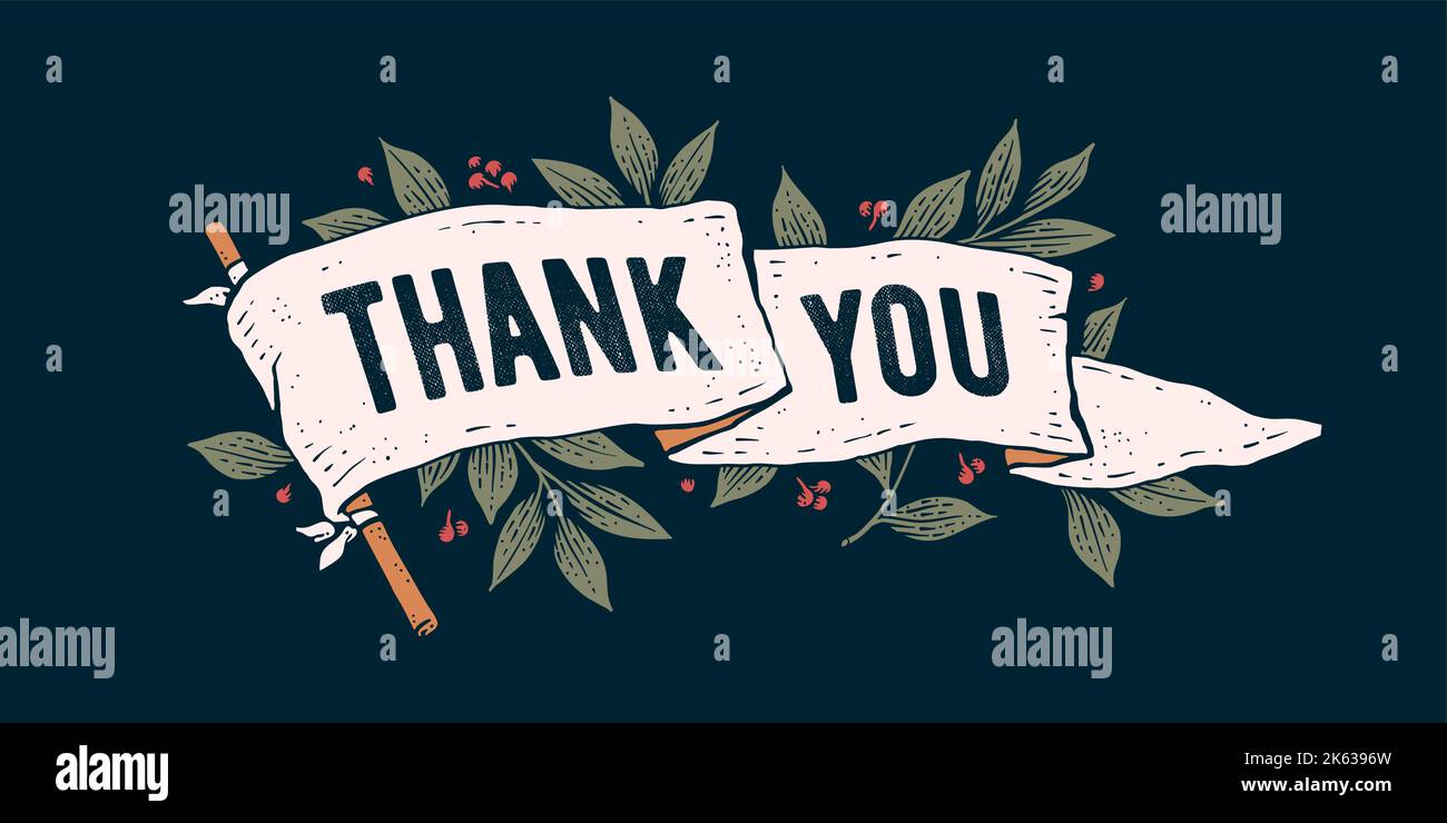 Thank You. Retro greeting card with ribbon flag and text Thank You. Old ...