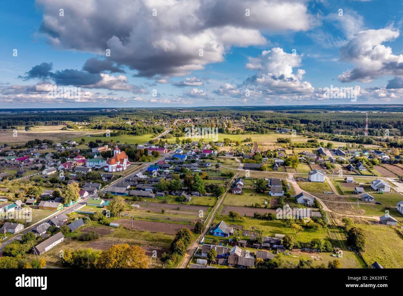 panoramic aerial view of private development with country houses or ...