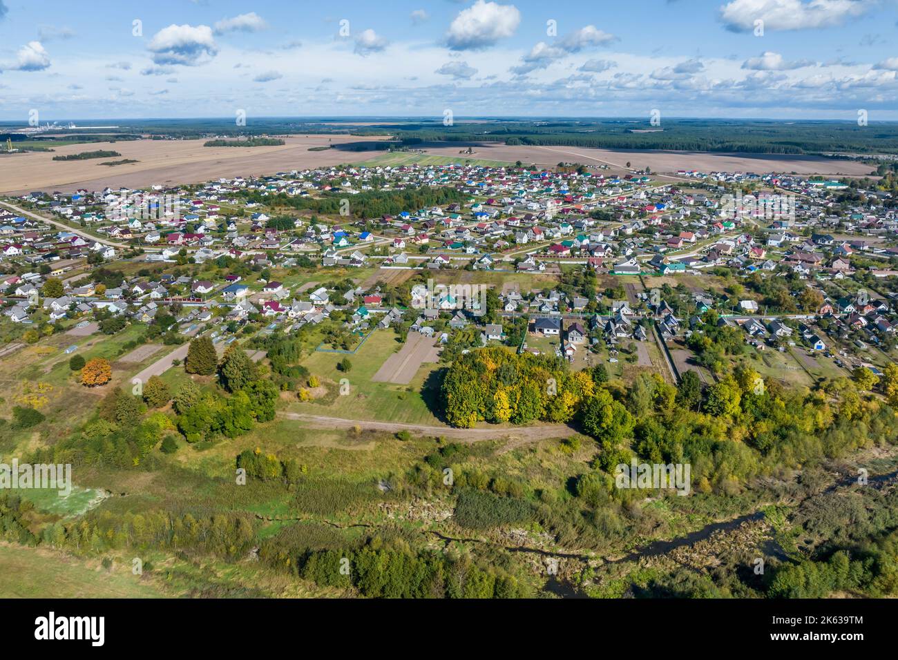 panoramic aerial view of private development with country houses or ...