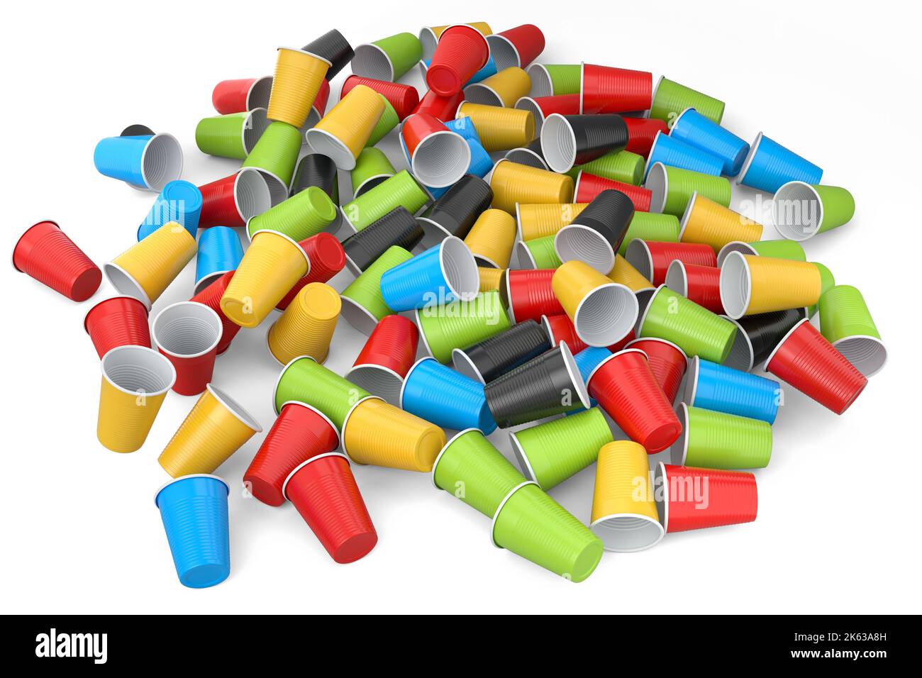 Heap of plastic disposable party cup isolated on white background. 3d ...