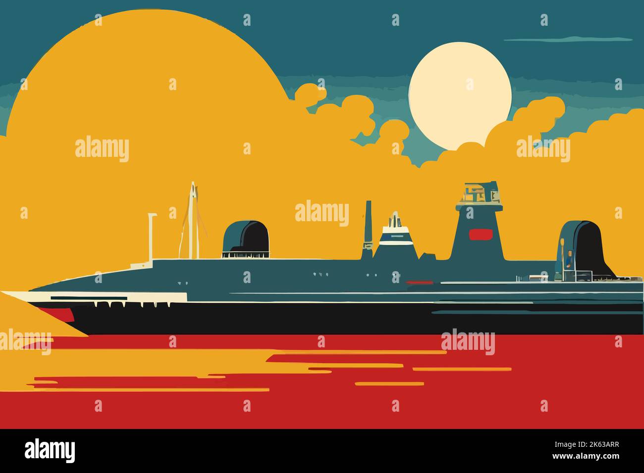 A colorful cartoon ship floating on the sea at sunset - perfect for ...