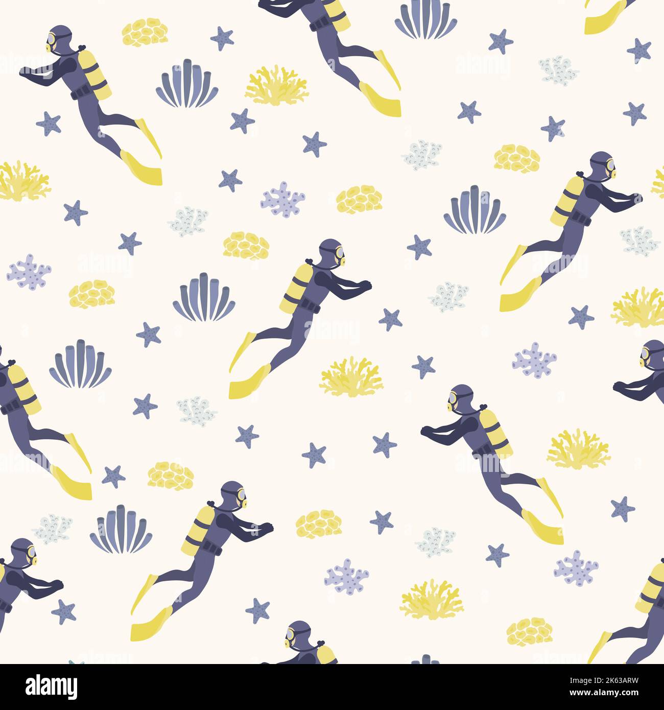 Vector seamless pattern witha diver, algae and starfish .Underwater ...