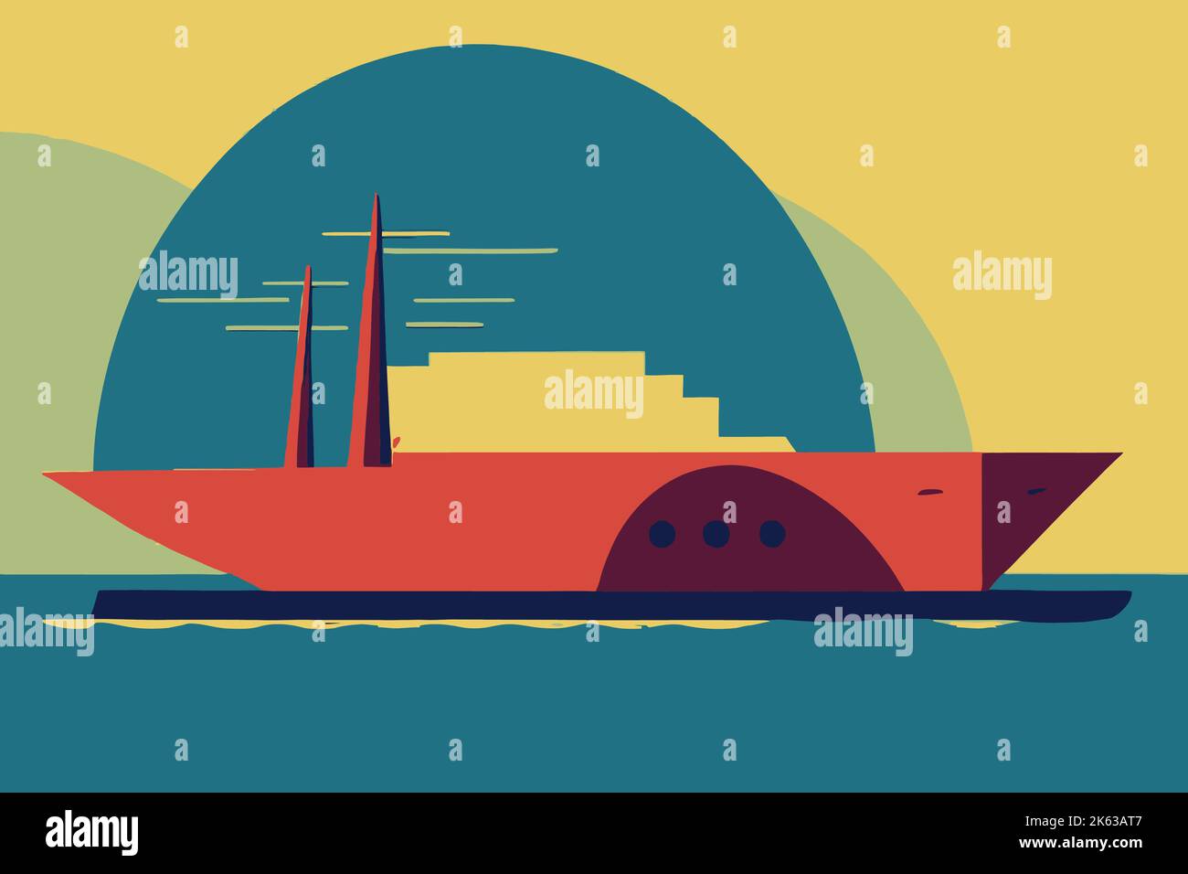 A colorful cartoon boat floating on the sea at sunset - perfect for ...