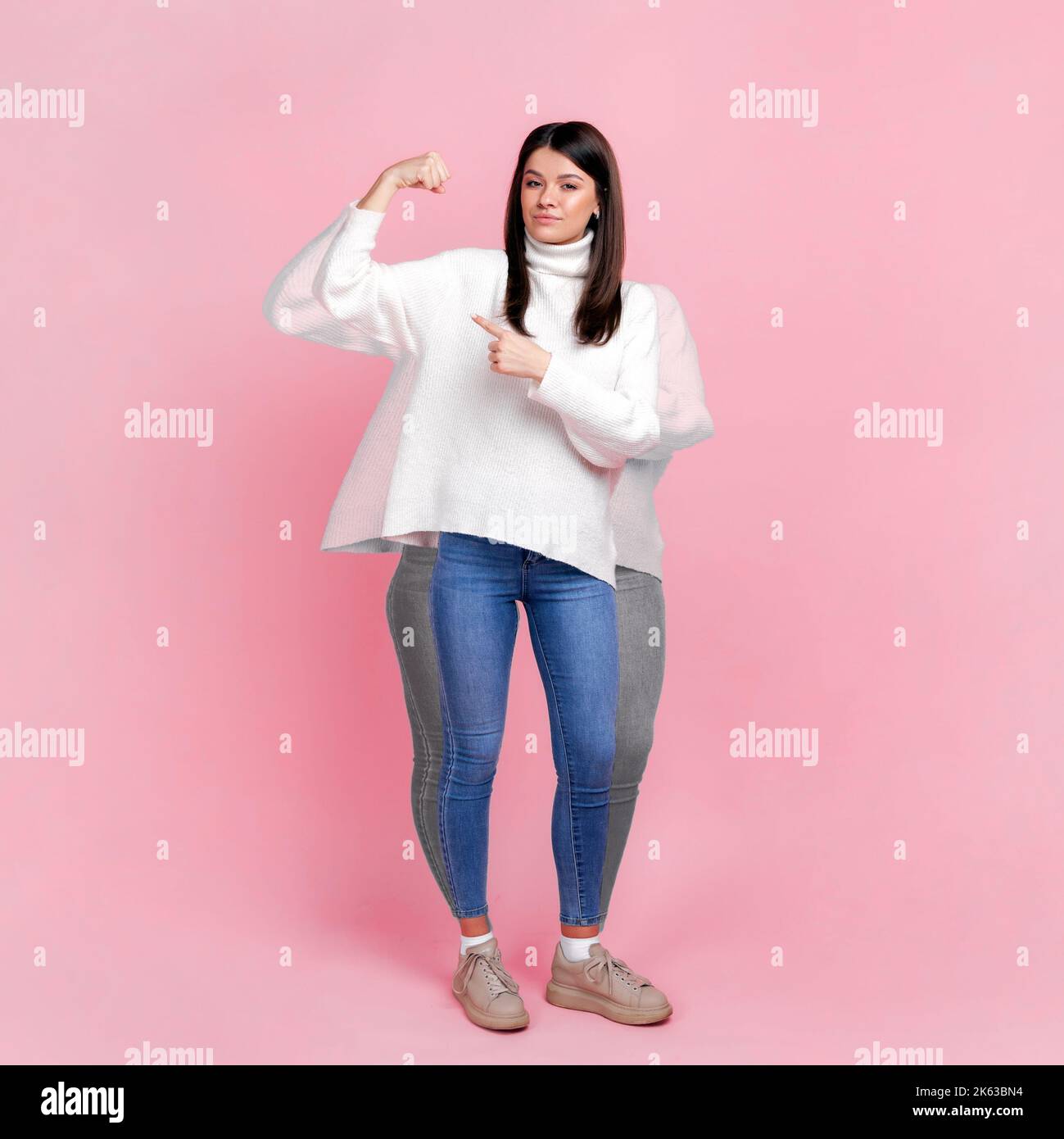 Full length portrait of happy woman before and after loosing her weight ...