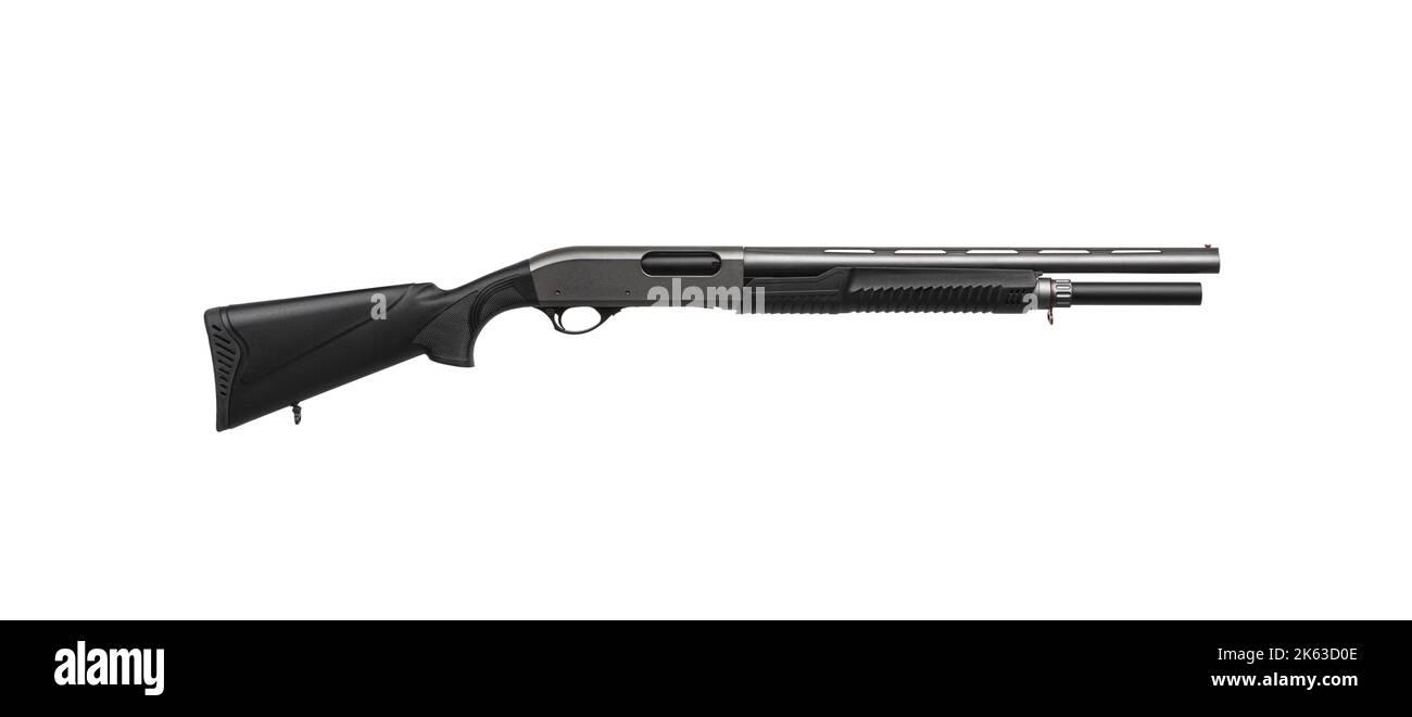 Pump-action 12 gauge shotgun isolated on a white background. A smooth ...