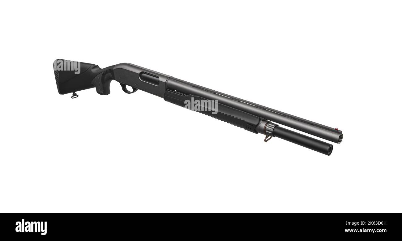 Pump-action 12 gauge shotgun isolated on a white background. A smooth ...