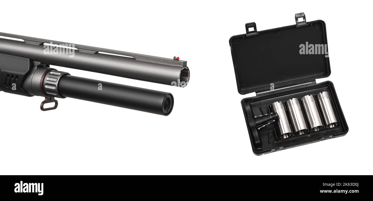 Pump-action 12 gauge shotgun isolated on a white background. A smooth ...