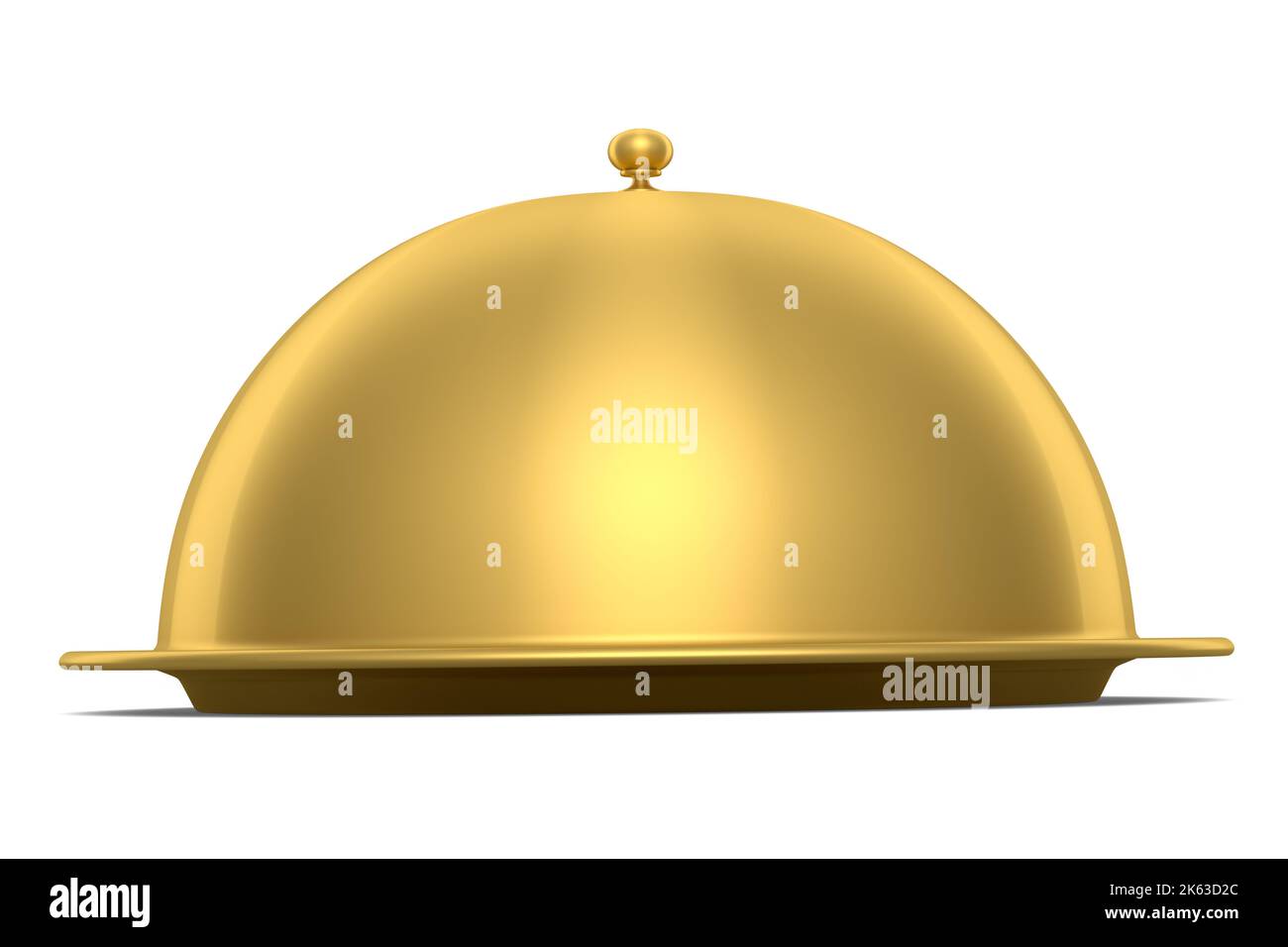 Gold tray with cloche ready to serve isolated on white background. 3d ...
