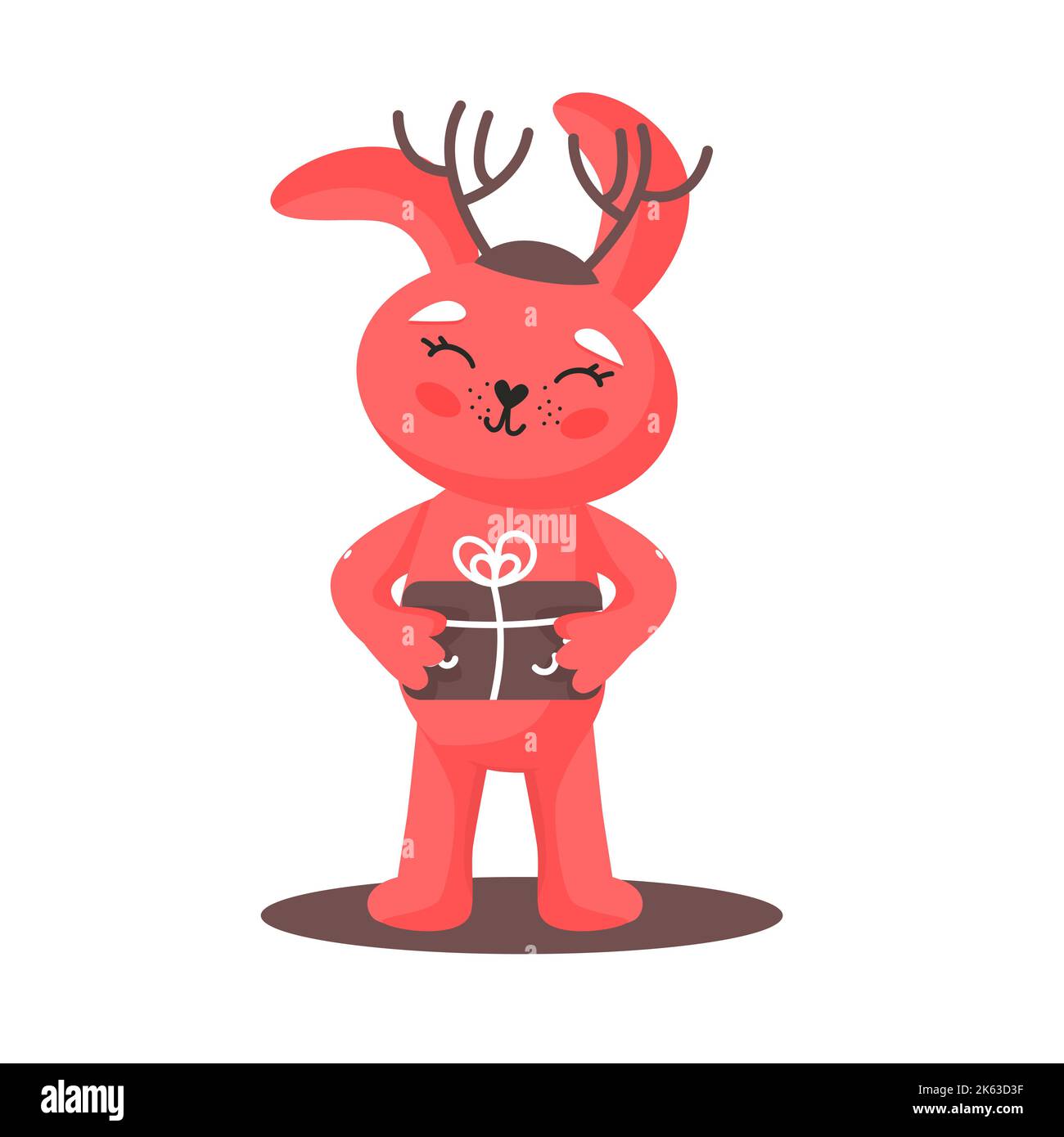 Cute red bunny with a gift box. Flat cartoon illustration of a happy ...