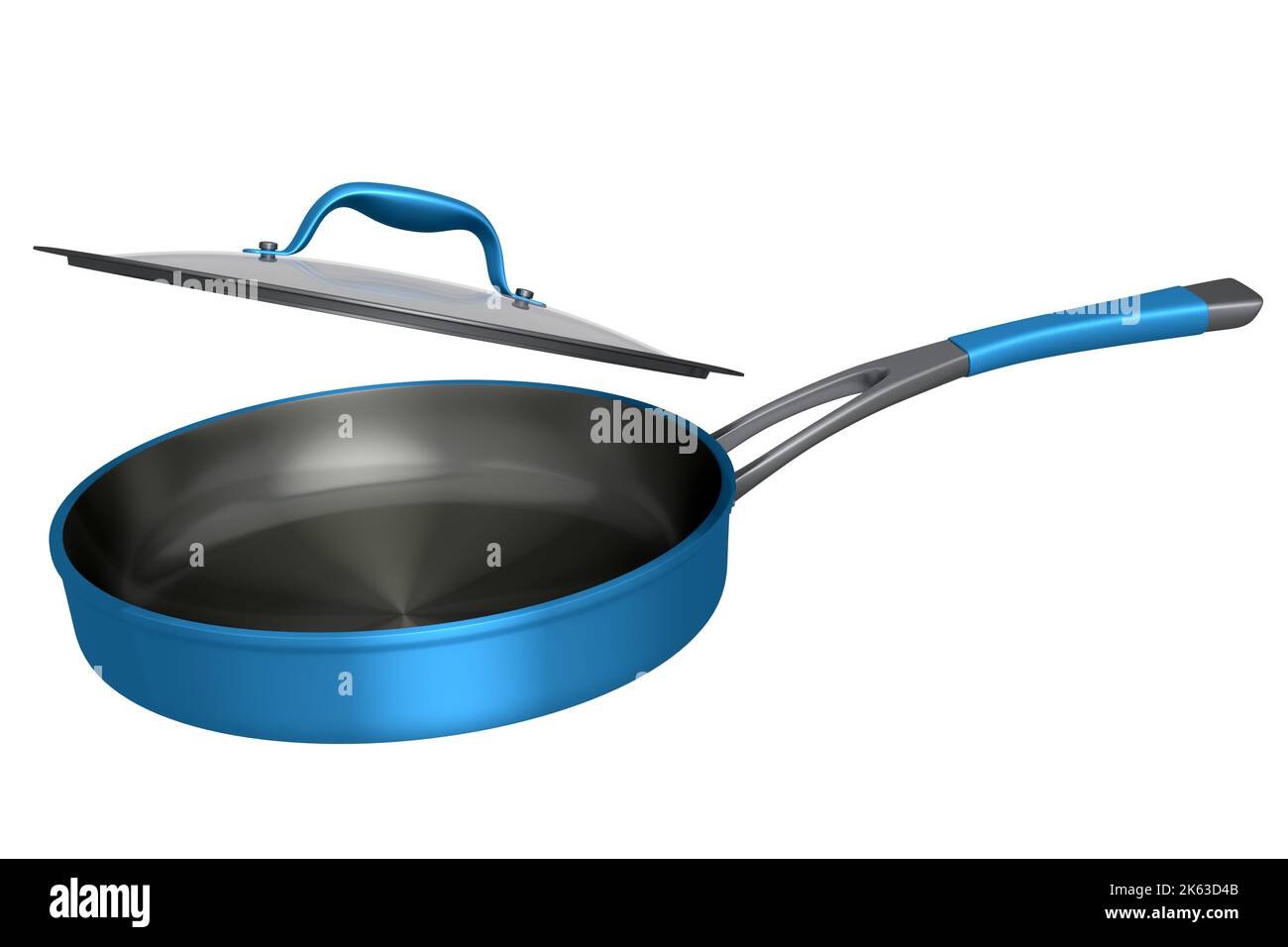 Frying pan with glass lid on white background. 3d render of non-stick ...