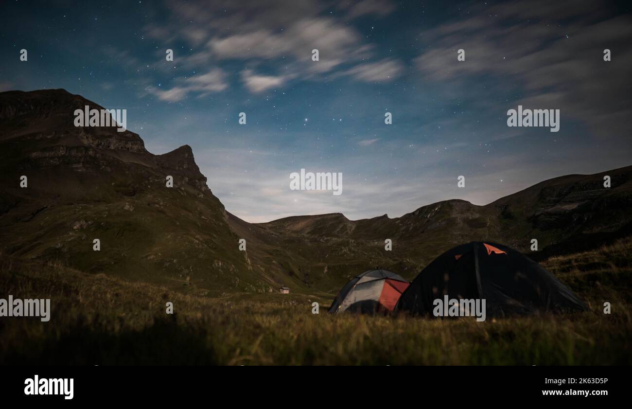 Camping Tent near Bachalpsee in the mountains of Switzerland, Night and ...