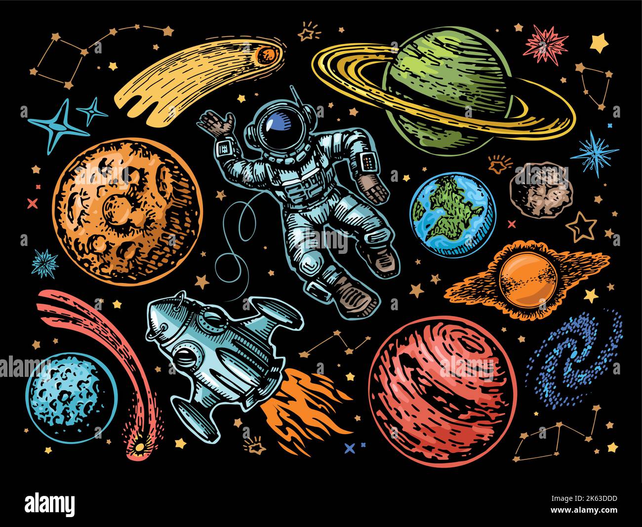 Space with planets, comets, constellations and stars, spaceship and ...