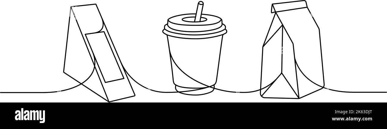 Set of to go containers one line continuous drawing. Empty cardboard ...