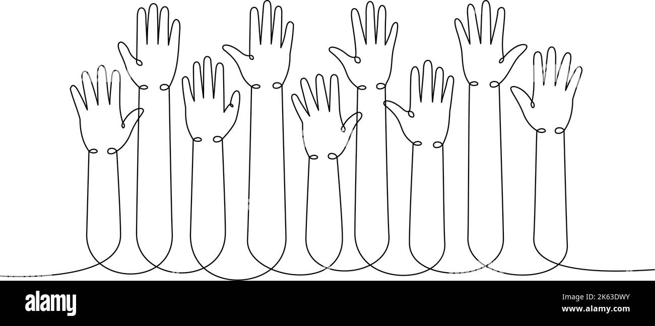 Hands raised up one line continuous drawing. Teamwork, collaboration ...