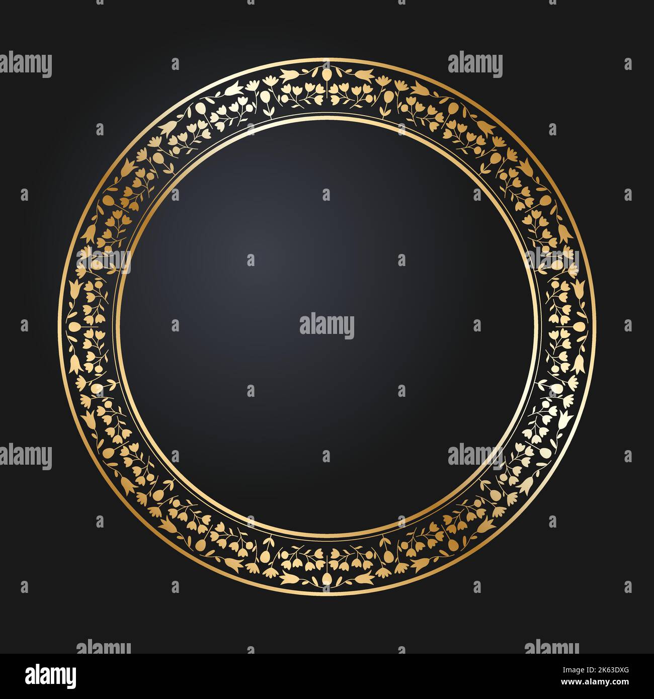 Floral gold border. Round golden frame with wild flowers and tulips ...