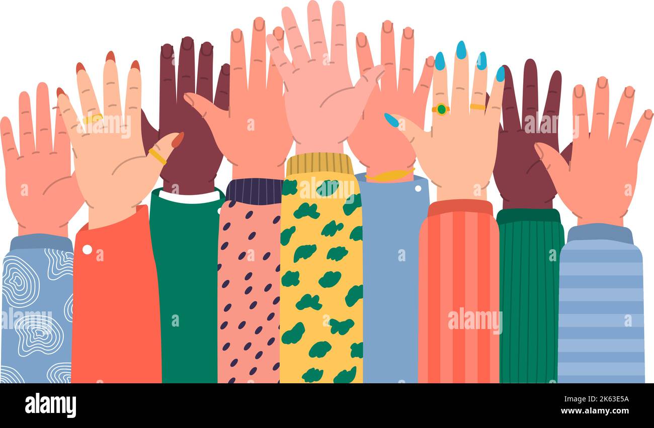 Raised hands. Human hands different skin colors. Human arms with ...