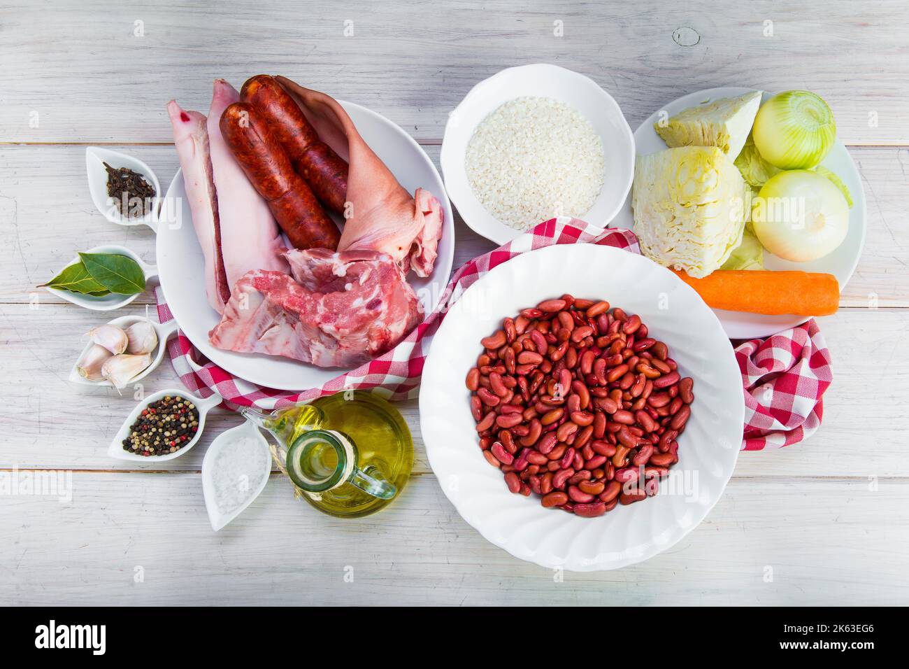 Raw and fresh ingredients for cooking a traditional Portuguese feijoada ...