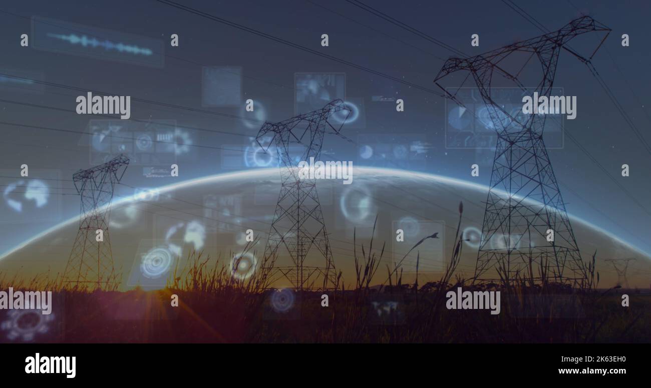 Animation globe over pylons data hi-res stock photography and images ...