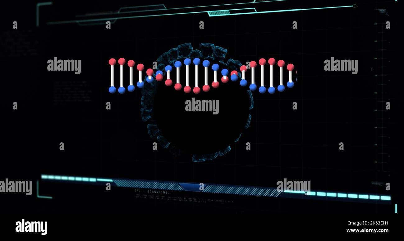 Composition of dna strand and data processing on black background Stock ...