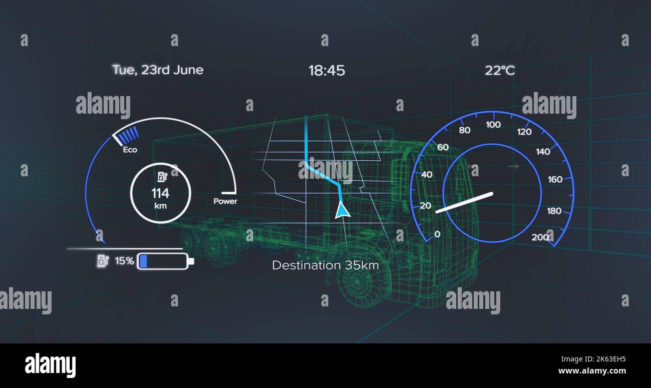 Composition of car interface over digital truck on black background ...
