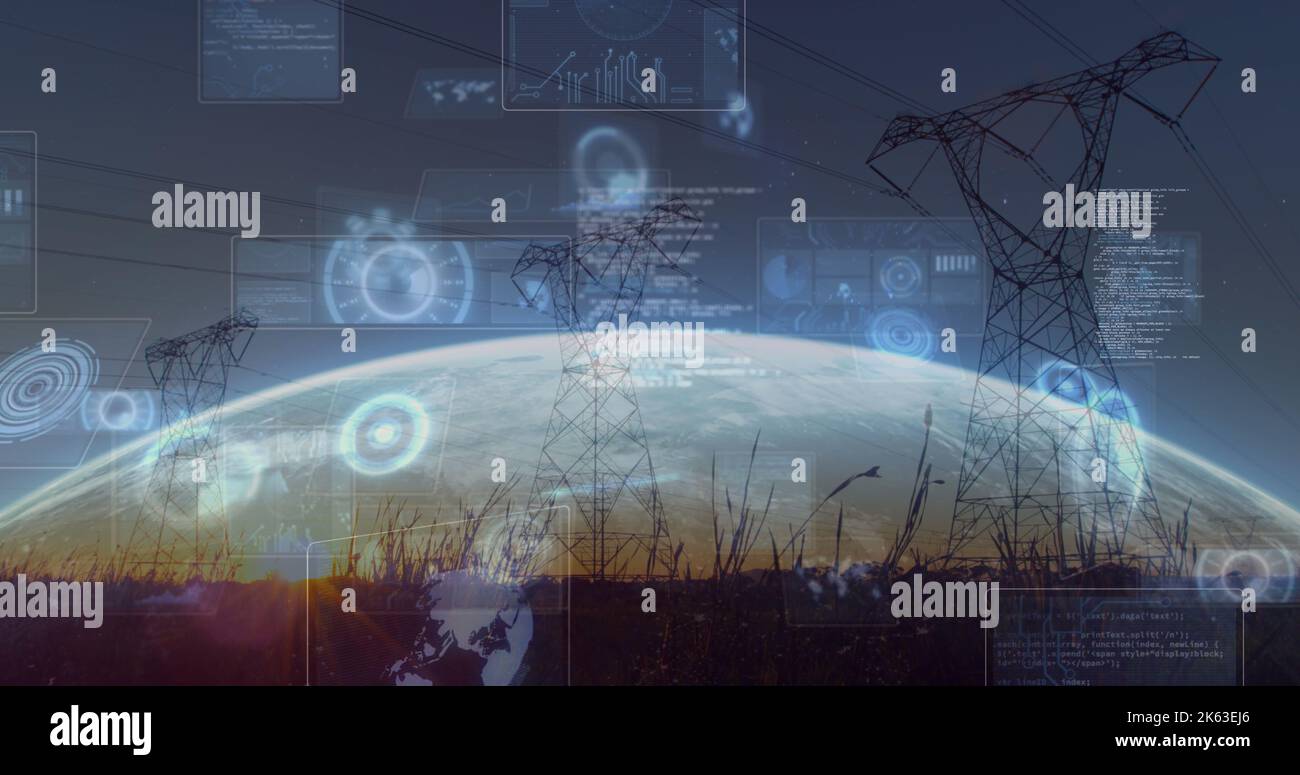 Animation globe over pylons data hi-res stock photography and images ...