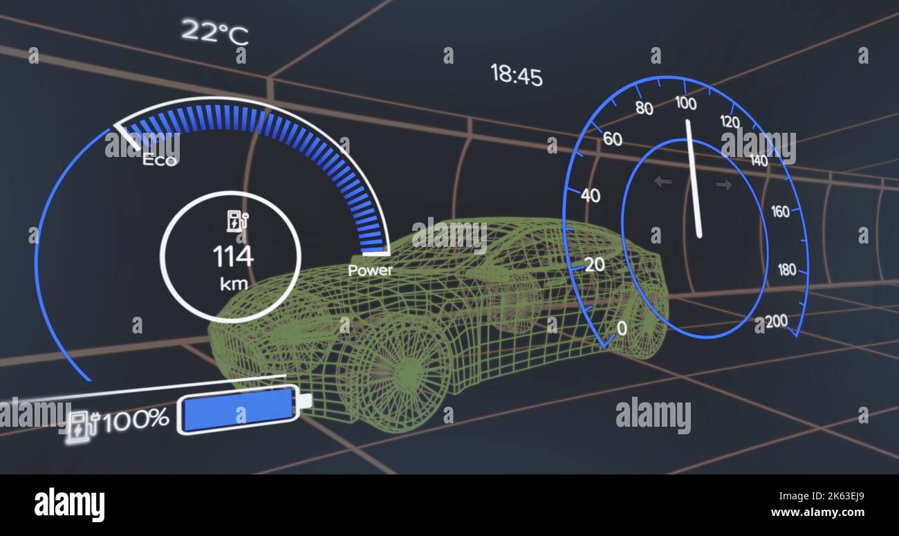Composition of car interface over digital car on black background Stock ...