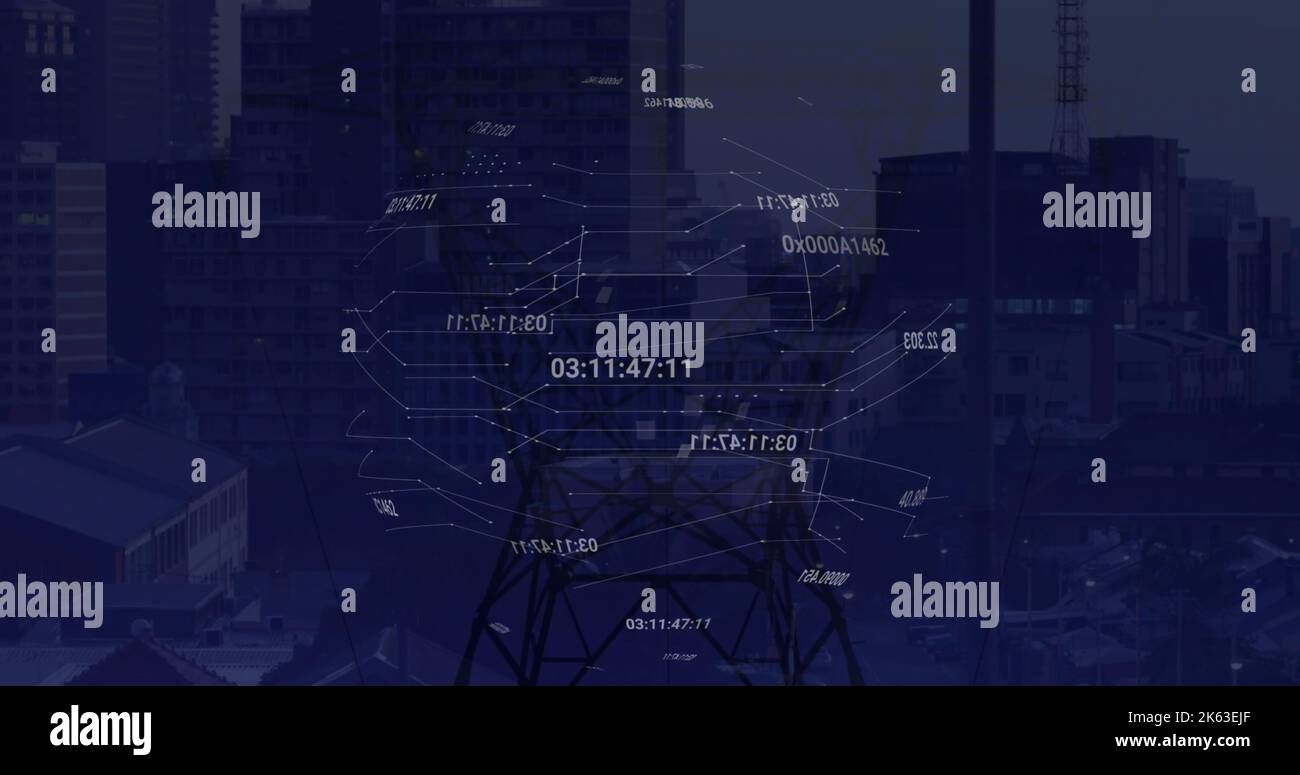 Composition of data processing over electricity pylon and cityscape ...