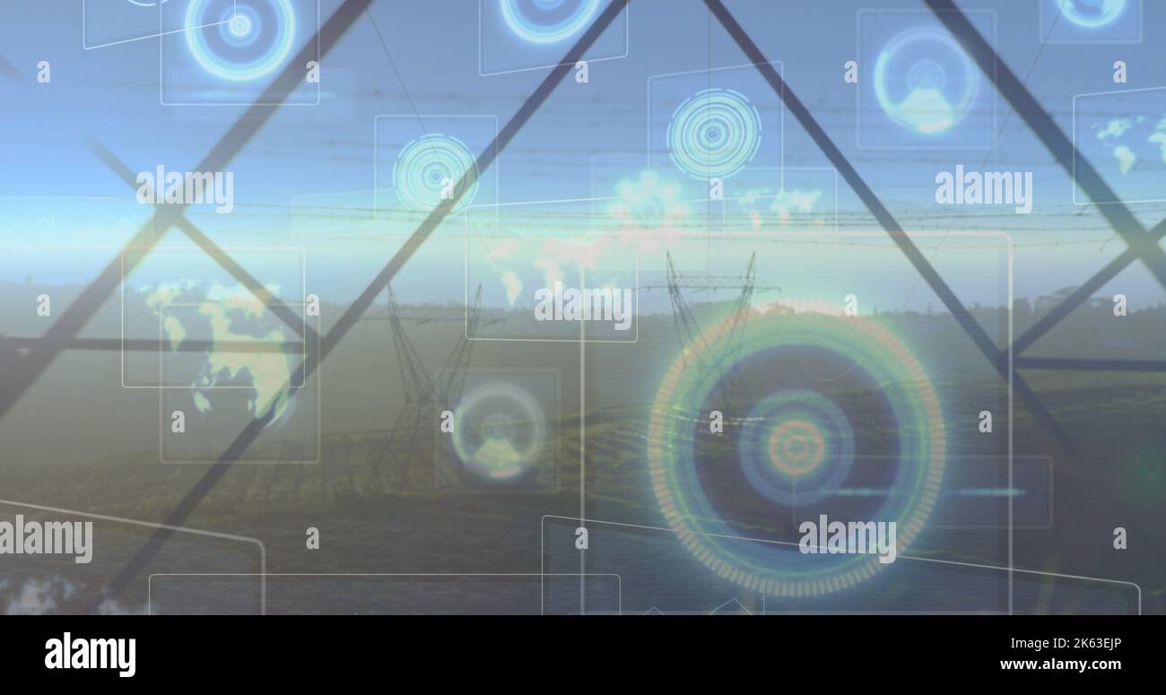 Composition of data processing with scope scanning over electricity pylons Stock Photo - Alamy