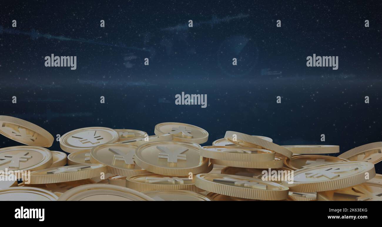 Composition of coins with yen symbol over data processing on black ...