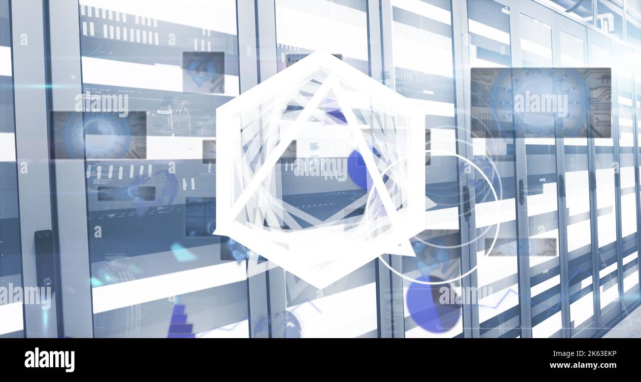 Composition of white shapes and data processing over server room Stock Photo - Alamy