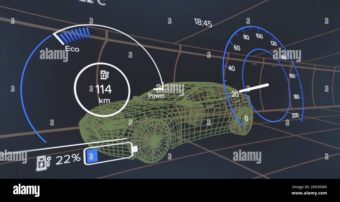 Composition of car interface over digital car on black background Stock ...