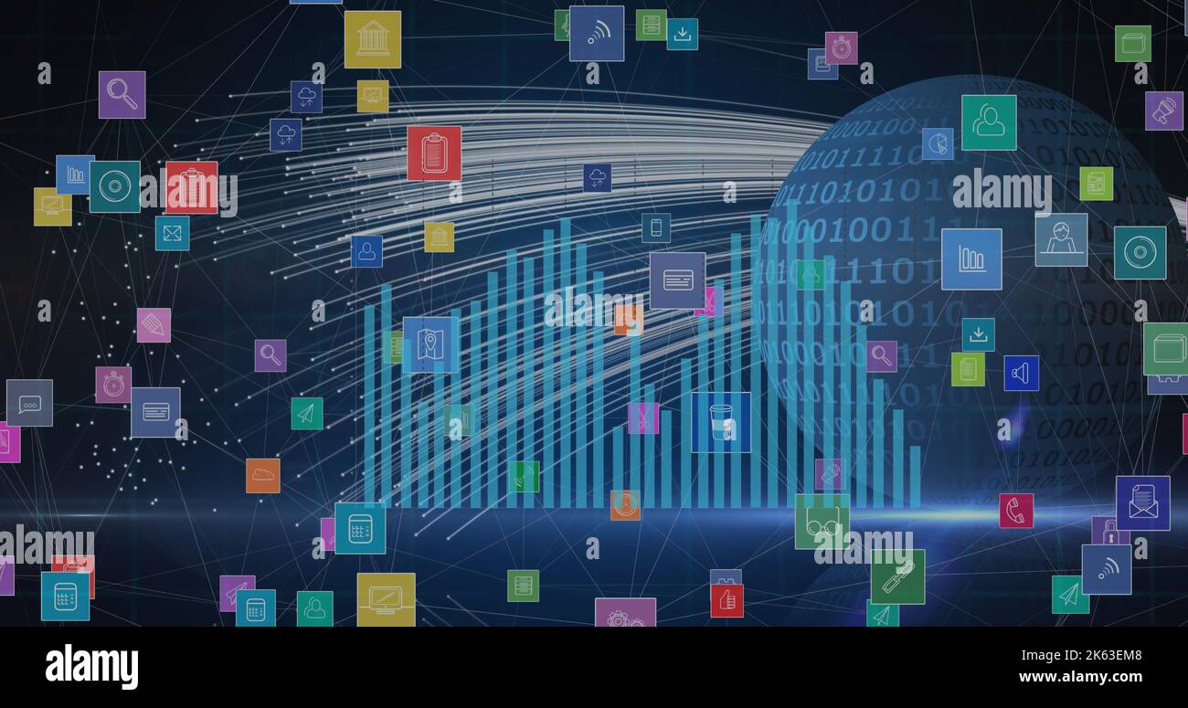 Composition of data processing with icons and globe on black background ...