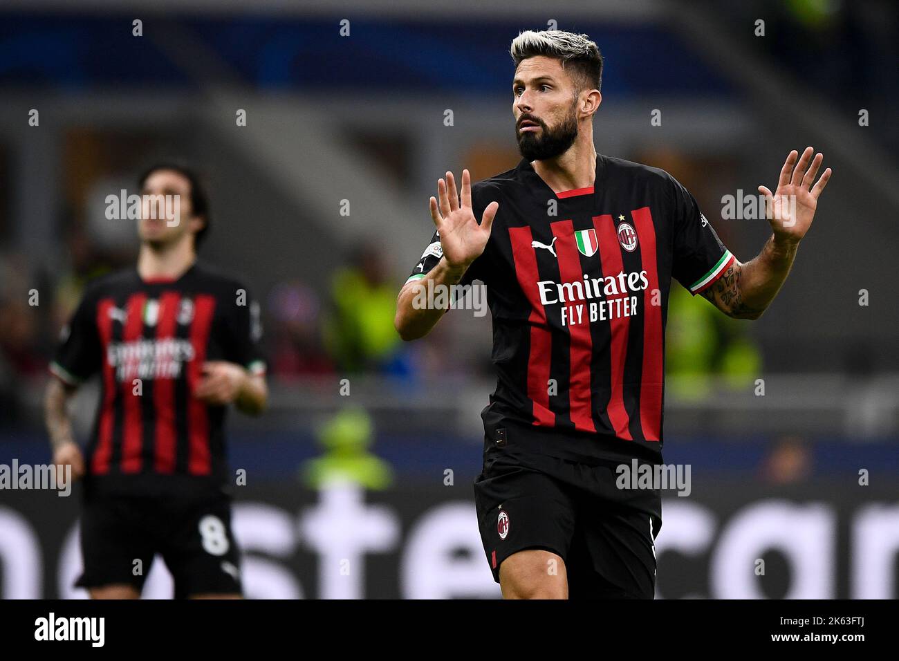 Milan, Italy. 11 October 2022. Olivier Giroud of AC Milan reacts during ...