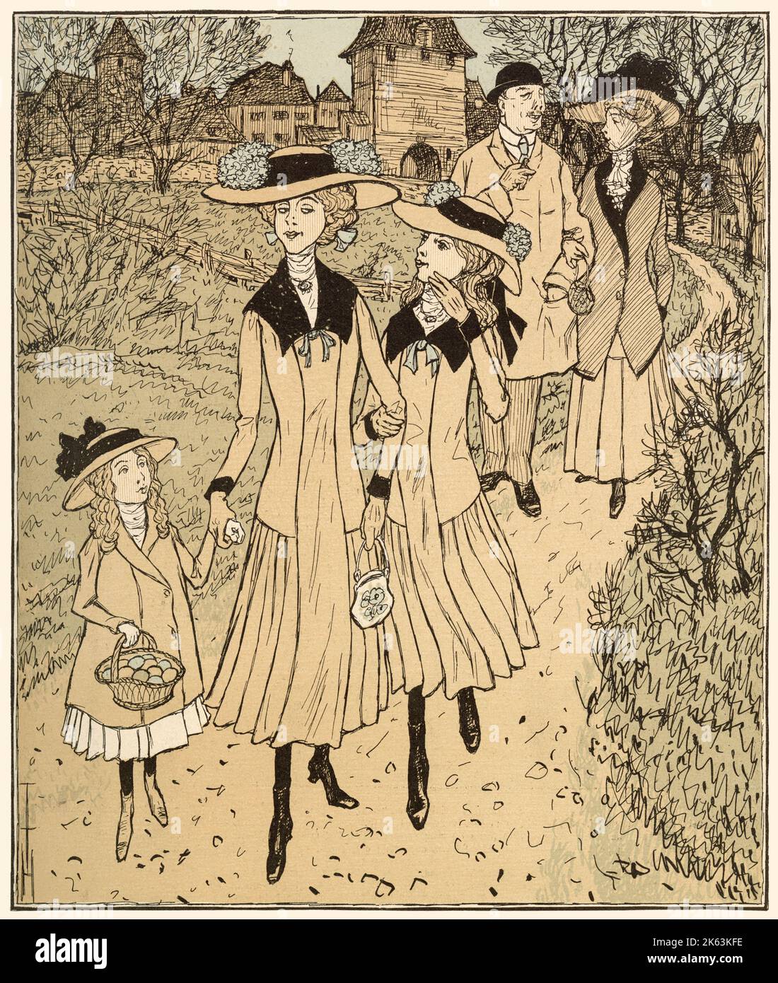 A German family goes out to gather the eggs of the Easter Hare (or ...