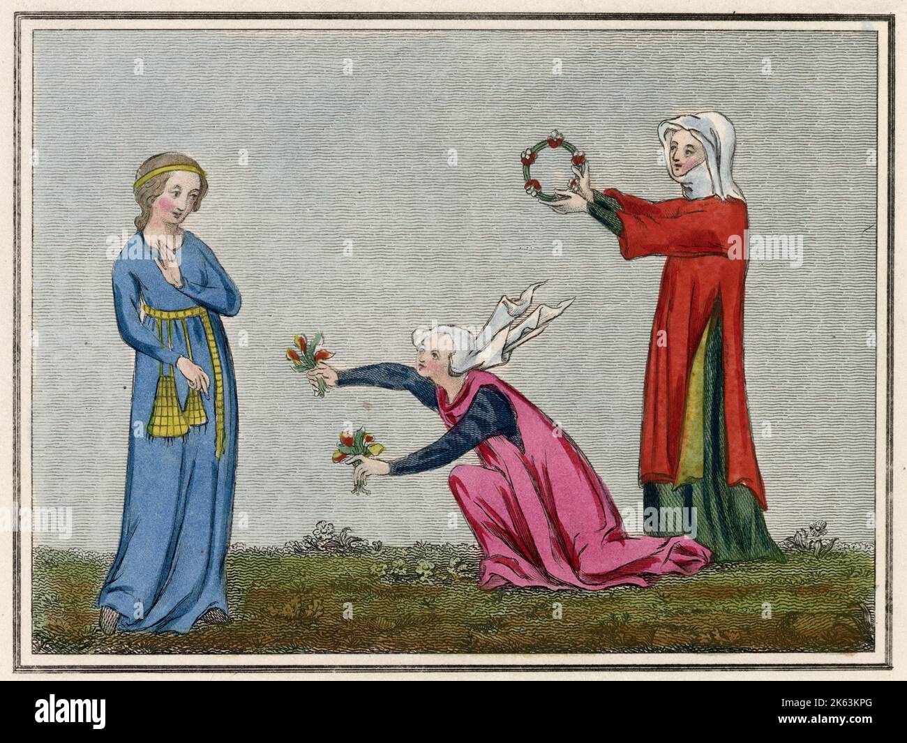 Two women make an offering of flowers to another lady Stock Photo - Alamy