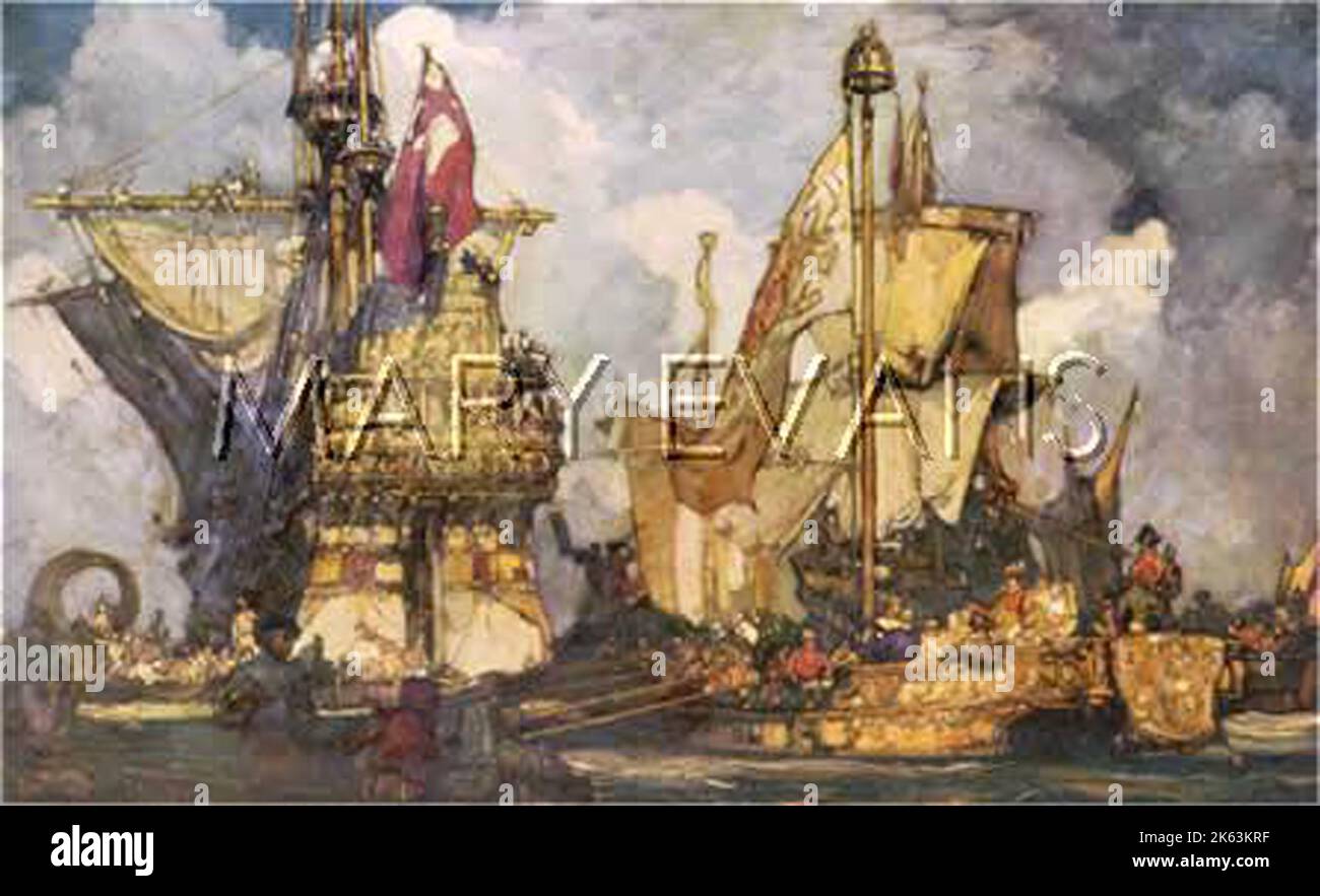 Queen Elizabeth goes aboard Francis Drake's ship 'Golden Hind' anchored ...