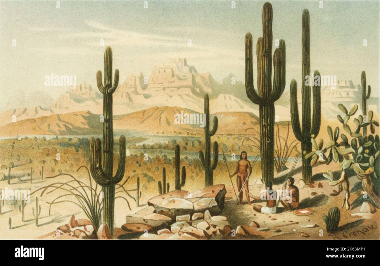 A view across a desert landscape, Utah, showing Native American people ...