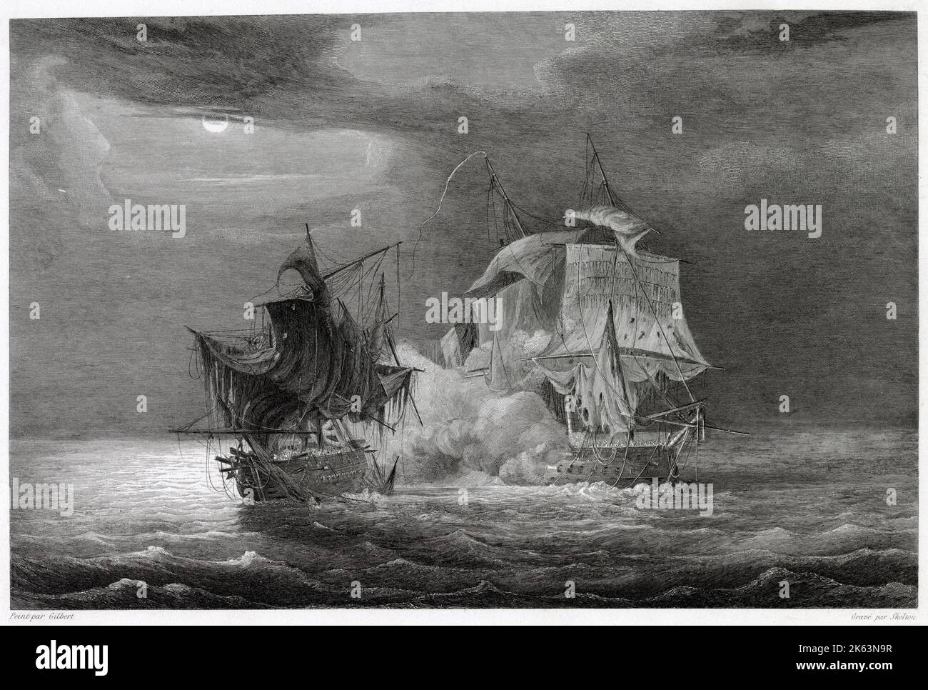 SEA FIGHT BY MOONLIGHT The French warship 'Venus' and the British ship ...