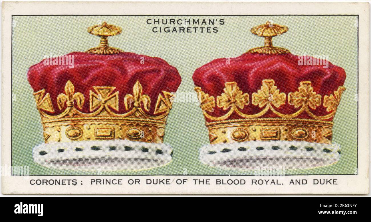 Coronets worn by a Prince or Royal Duke (left) and by an ordinary duke ...