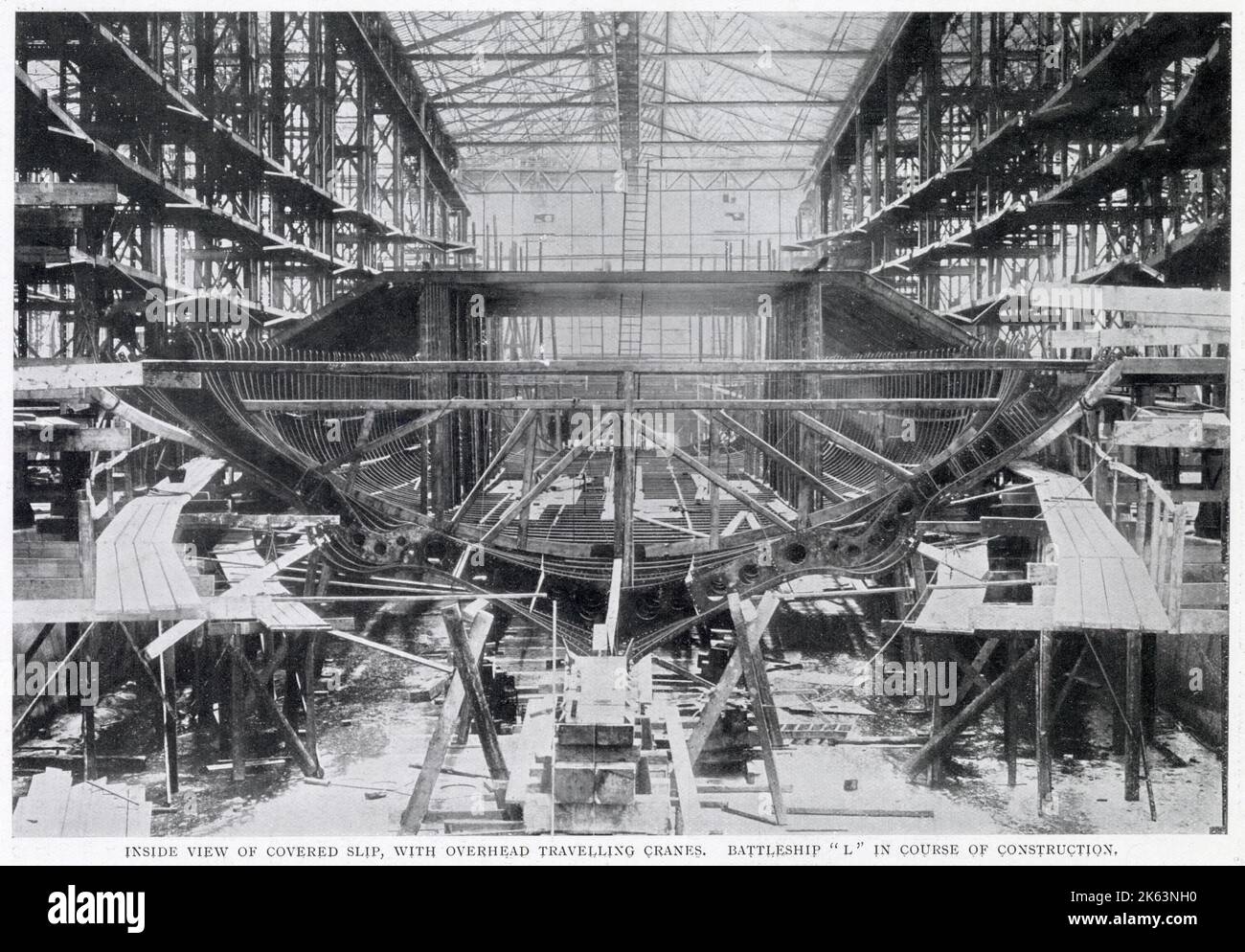 An inside view of a 'covered slip', with overhead travelling cranes at ...