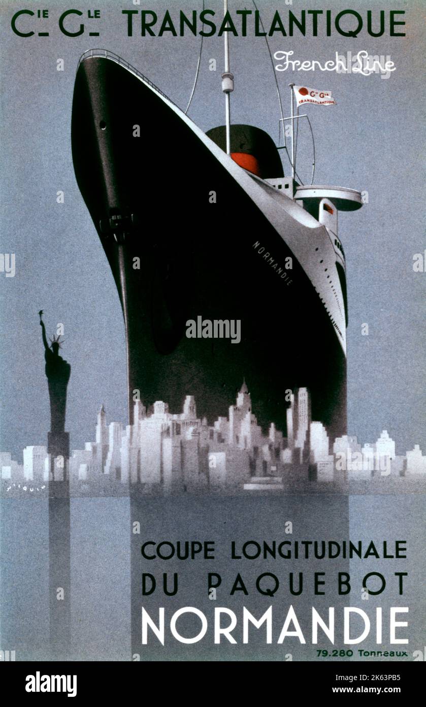 Poster emphasising the great size of the French transatlantic liner at ...