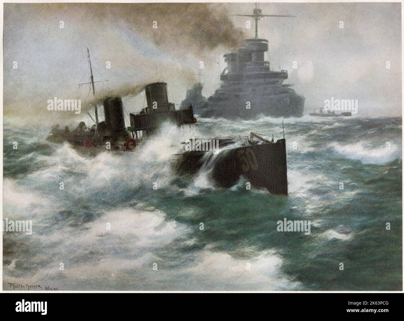 Battleship and destroyer in a heavy sea Stock Photo - Alamy