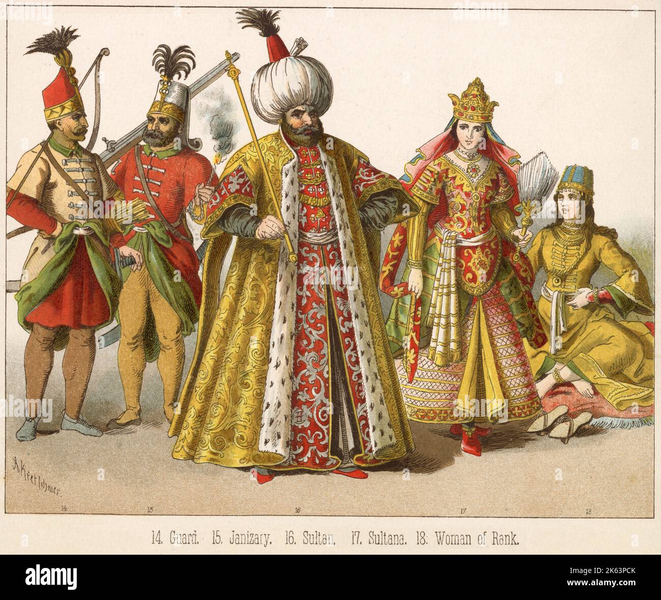 Various Turkish people: a guard, a janizary, a sultan, a sultana and a ...