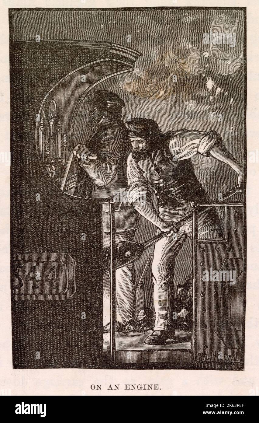 Driver and stoker on the footplate of a night train : by now, their ...