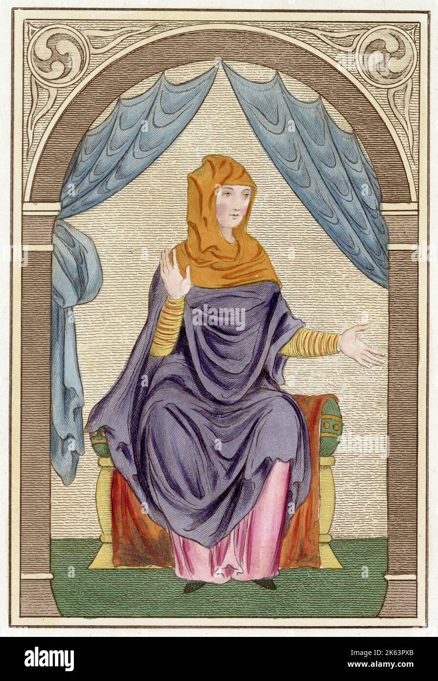 Anglo-Saxon lady in a pink tunic or kirtle underneath a purple draped ...