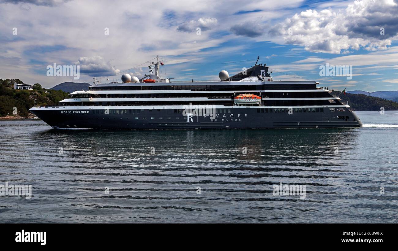 Ice-strengthened cruise ship World Explorer in Raunefjorden, en-route ...