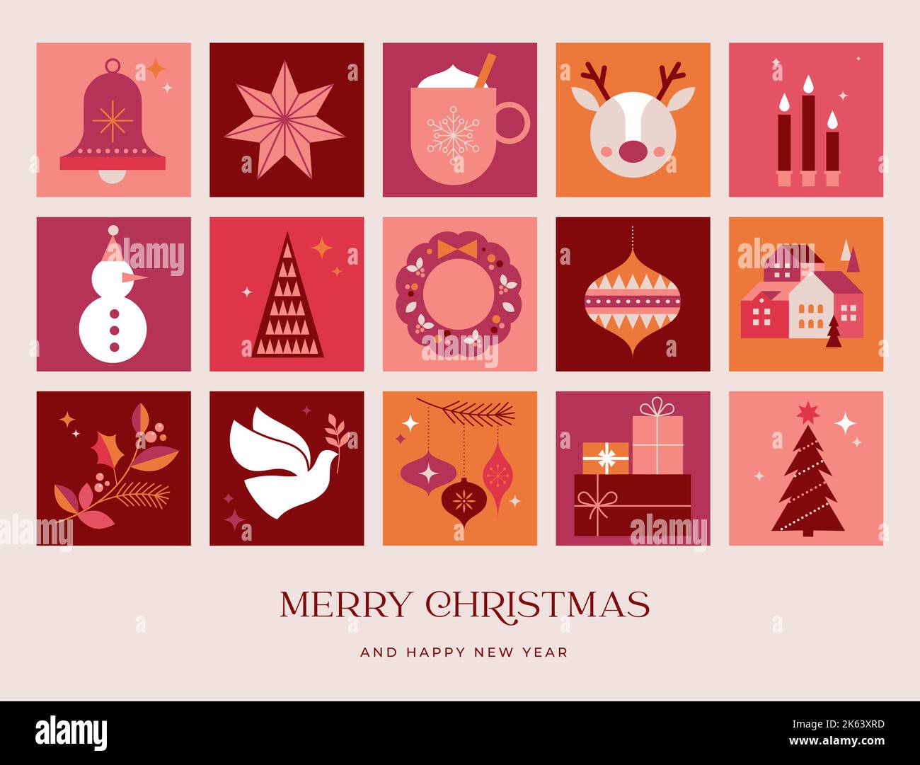 Merry Christmas modern design, holiday gifts, winter elements, candles ...